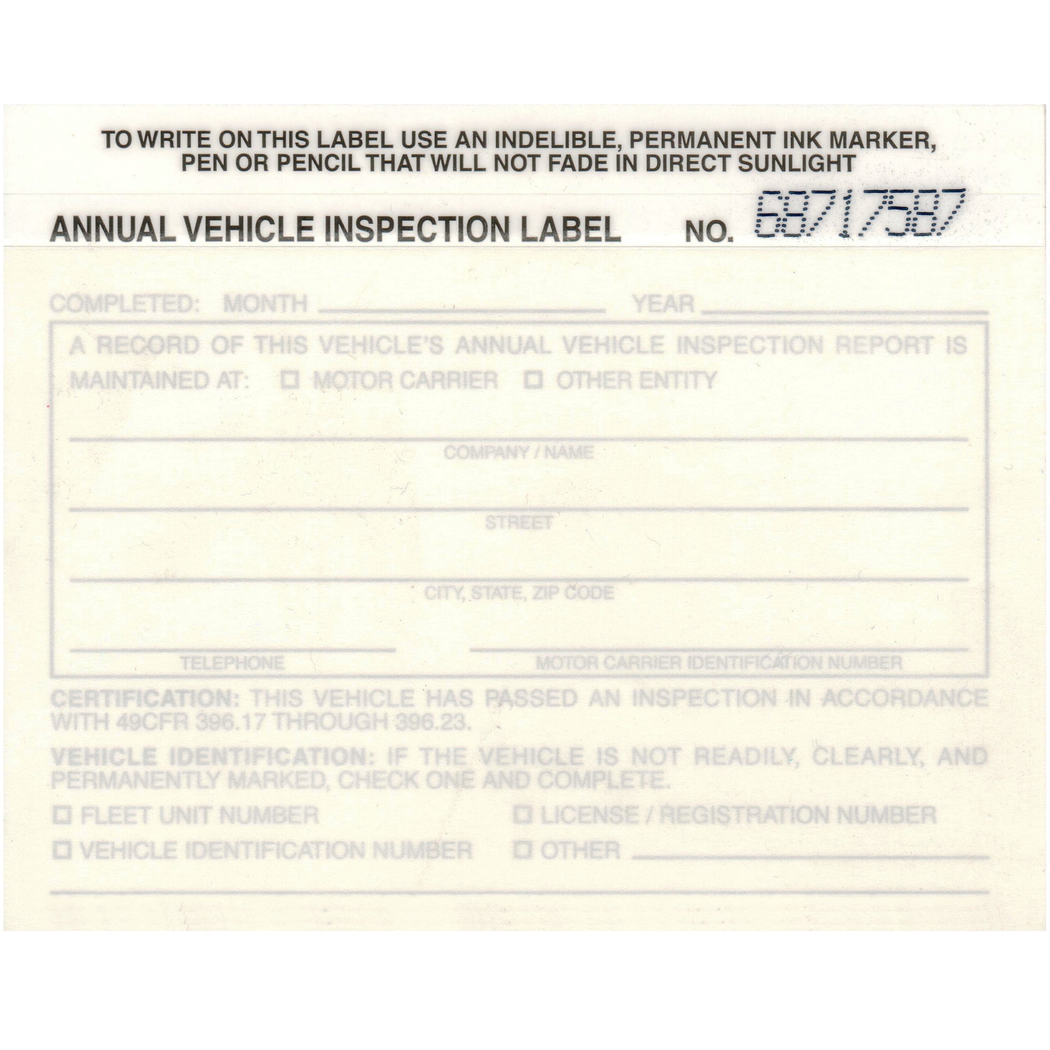 White 2-Ply FMCSA Annual Vehicle Inspection Label Decal Sticker – FMCSA ...